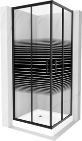 Mexen Rio, čtvercový sprchový kout s posuvnými dveřmi 70 (dveře) x 70 (dveře) x 190 cm, 5mm čiré sklo s pásky, černý profil + bílá sprchová vanička RIO, 860-070-070-70-20-4510