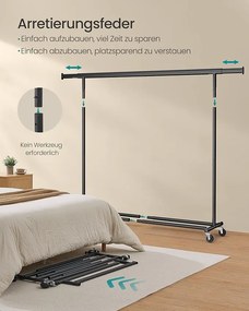 Stojan na oblečení na kolečkách, oděvní stojan s vysokou nosností, max. nosnost 150 kg, černý