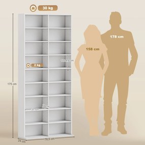 HOMCOM úložný stojan na CD a DVD 18 přihrádek, maximální kapacita 640 CD/360 DVD 430 Blu-ray, 78,5 x 24 x 175 cm, bílý
