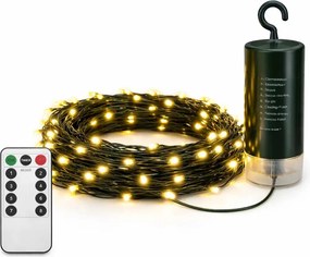 LED světýlka na baterie, venkovní, 10,2 m, teple bílá, 100 diod, tmavě zelný kabel, IP44, 4×AA