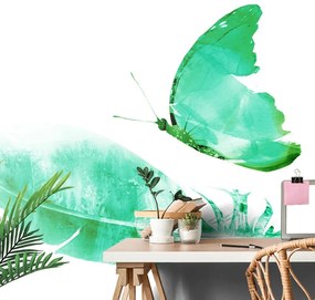 Samolepící tapeta pírko s motýlem v zeleném provedení - 150x100 cm