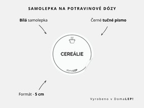 CEREÁLIE - omyvatelná samolepka na dózu, výběr rozměrů Ø 5 cm / 5 x 5 cm / 6 x 8 cm | DomaLEP tvar: KOLEČKO, barva: BÍLÁ - ČERNÉ písmo, velikost: Ø 5 cm - tučné písmo