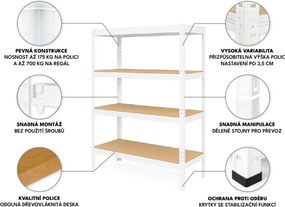 Regál 150x70x30 cm lakovaný 4-policový, nosnost 70 kg - bílý