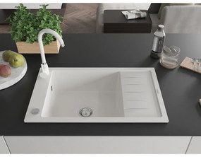Mexen Elias, 1-komorový granitový dřez s odkapávačem 80x48 cm a kuchyňskou baterií Telma, bílá, 6511-20-670200-20