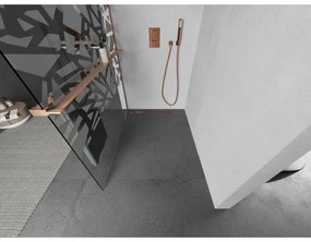 Mexen Kioto+, sprchová zástěna Walk-In s poličkou a věšákem 140 x 200 cm, 8mm čiré sklo bílý vzor, ​​měděný matný profil, 800-140-121-65-85