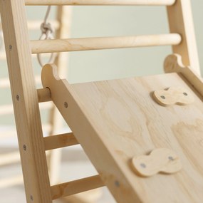 AIYAPLAY 6v1 Montessori lezecký trojúhelník s platformou a kruhy, dřevěný lezecký rám se skluzavkou, přírodní