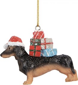 Hnědá závěsná dekorace jezevčík Dachshund s dárečky - 7*2*6 cm