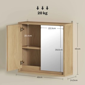 HOMCOM Koupelnová skříňka se zrcadlem, 2 dveřmi a nastavitelnou policí, závěsná koupelnová skříňka pro moderní koupelnu 48x14,5x45 cm, přirodní dřevo