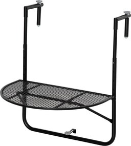 Skládací kovový stůl na zábradlí Outsunny, balkonový stůl s nastavitelnou výškou pro zábradlí 3-11 cm, půlkruhový tvar, 60x60x57-72 cm, černý | Aosom