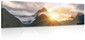 Obraz fascinující východ slunce na horách - 150x50 cm