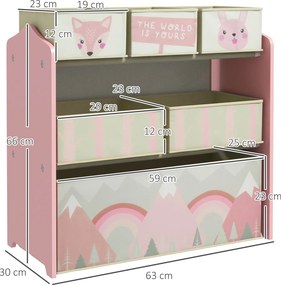 Dětský regál ZONEKIZ se 6 koši z netkané textilie na hračky - Organizér pro děti 3-8 let do ložnice nebo dětského pokoje 63x30x66 cm Růžový
