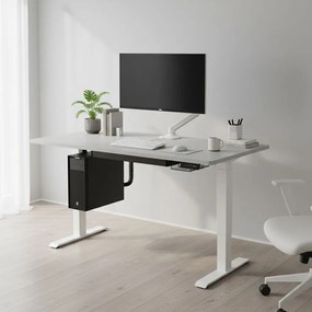 Výškově nastavitelný stůl OfficeTech D, 140 x 80 cm, bílá podnož, světle šedá