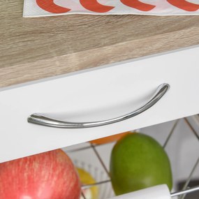 HOMCOM Bílý MDF kuchyňský vozík s lehkým dubem a borovicovým dřevem s košem + 2 odnímatelnými tácemi, zásuvkou, policí