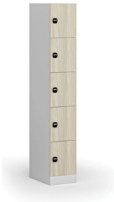 Šatní skříňka S1 s úložnými boxy, 5 boxů, 1850 x 300 x 500 mm, demont, RFID zámek, laminované dveře, dub přírodní