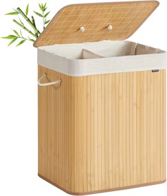 Prádelní koš s víkem, 2 přihrádky, 120 litrů, bambusový prádelní koš, přírodní
