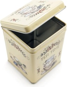 Plechová dóza Tea Time, 100 g – béžová, s víčkem na panty, na čaj, kávu a bylinky