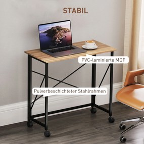 Skládací stůl HOMCOM 80 cm se zabudovanými koly pro úsporu místa, ideální do domácí kanceláře a obývacího pokoje, Dub