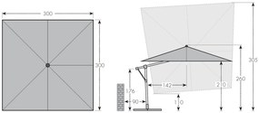 Slunečník DOPPLER Expert 3 x 3 m výkyvný s boční tyčí světle šedá T827