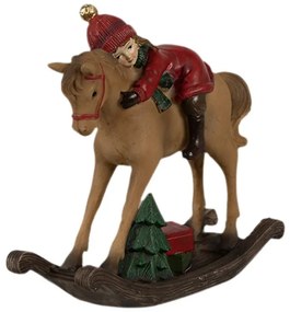 Dekorativní figurka hnědý houpací koník s holčičkou ve vánočním svetru 19x8x26 cm