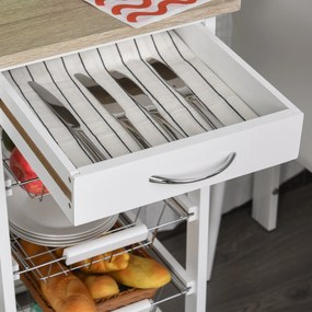 HOMCOM Kuchyňský vozík na kolečkách, Servírovací vozík, 4 kovové koše + zásuvka, Kuchyňský vozík, Rám z borovicového dřeva, Pro malé prostory, Kuchyň…