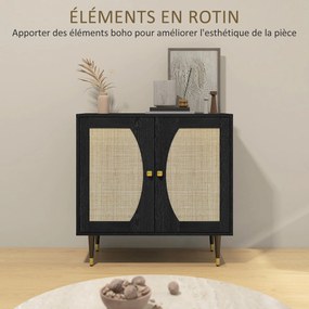HOMCOM Buffet Skříňka s Dvojitými Dveřmi v Boho Stylu, 2 Úrovně, Ratanový Přední Panel 80 x 38 x 79 cm Černá