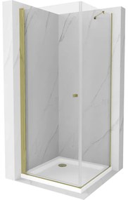 Mexen Pretoria sprchový kout s otvíracími dveřmi 90 x 90 cm, průhledný, zlatý + vanička Flat - 852-090-090-50-00-4010