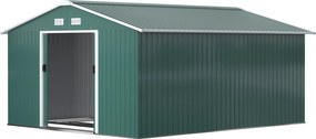 Kovová zahradní kůlna Outsunny 12,4 m², s šikmou střechou, posuvnými dveřmi a základem, 386 x 340 x 200 cm, odolná vůči počasí, pro zahradu, tmavě ze…
