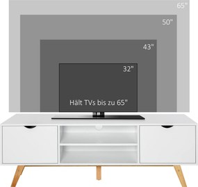 HOMCOM Moderní TV Stolek pro Televize do 65 palců s 2 Dveřmi, 2 Otevřenými Policemi a Dřevěnými Nohami 150x39x50 cm Bílý