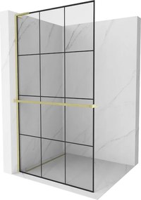 Mexen Kioto+ L, sprchová zástěna Walk-In s poličkou a věšákem 120 x 200 cm, 8mm čiré sklo černý vzor, ​​zlatý matný profil, 800-120-123-55-77
