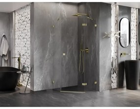Mexen Lunar, pětiúhelníkový sprchový kout naklápěcí vpravo 80 x 80 cm, 8mm čiré sklo, zlatý profil, 831-080P-080L-50-00-P