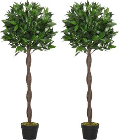 Sada 2 umělých vavřínových stromů Outsunny, 120 cm umělé rostliny v cementových květináčích, interiérové rostliny, umělé rostliny pro interiér a exte…