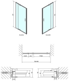 Polysan, EASY LINE otočné sprchové dveře 760-900mm, čiré sklo, EL1615