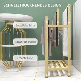 HOMCOM Volně stojící věšák na ručníky, věšák na ručníky se 4 háčky, 3 věšáky na ručníky, věšák na ručníky do koupelny, bambus, přírodní | Aosom