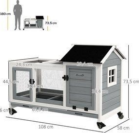 Dřevěná klec pro trpasličí králíky PawHut, 108 x 58 x 73,5 cm, malá zvířecí klec s venkovním výběhem, kolečky, skládací střechou, trpasličí králičí k…