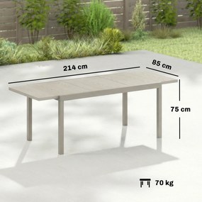 Zahradní stůl Rozkládací hliníkový jídelní stůl 154/214 x 85 cm pro 8-10 osob se světle šedým vzhledem dřeva