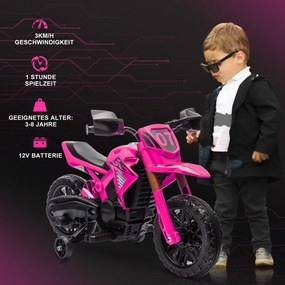 Elektrická motorka pro děti, 12V dětská motorka s tréninkovými koly, dětské vozidlo s klaksonem a zvukem startování, 3 km/h, růžová barva