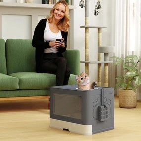 PawHut Kočičí toaleta s víkem, lopatkou a toaletou pro kočky do 4 kg, pro vnitřní použití, plastová šedá 48,5 x 38 x 36,5 cm