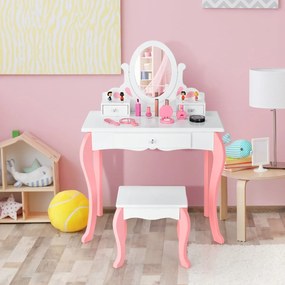Costway Dětský toaletní stolek se stoličkou Princess se 3 zásuvkami a zrcadlem