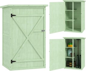 Outsunny dřevěná zahradní skříň 75 × 56 × 115 cm – venkovní úložná skříňka na nářadí s 3 policemi, zamykatelné dveře a asfaltová střecha - zelená | Ao