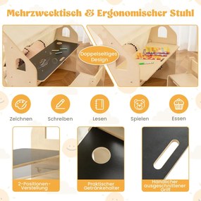 Costway Dřevěný dětský stan 6-IN-1 s dětským stolem a židlí, podložkou a tabulí