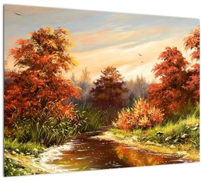 Skleněný obraz řeky v podzimní krajině, olejomalba (70x50 cm)