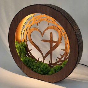 Dřevěná LED lampa Srdce s křížem a mechem | Stmívatelná I SENTOP LED0609