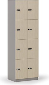 Dřevěná šatní skříňka S4 s úložnými boxy, 8 boxů, demont, mechanický kódový zámek, šedá/bříza