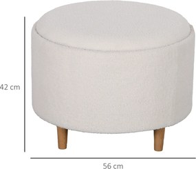 HOMCOM taburet Ø56 x 42 cm, kulatý čalouněný taburet s úložným prostorem a odklápěcím víkem, dřevěné nohy, ideální do obývacího pokoje a ložnice, bíl…