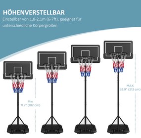 SPORTNOW basketbalový koš se stojanem 220-250 cm výškově nastavitelný s kolečky nerozbitná zadní deska pro zahradu a sportoviště | Aosom.de