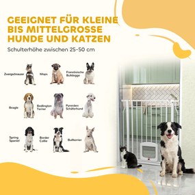 PawHut rozšiřitelná bezpečnostní brána pro psy, 75–85 cm — do dveří a na schodiště, malá dvířka, tlakové uchycení, dvojité zamykání, bílá