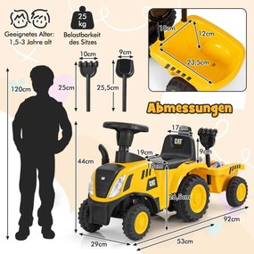Costway Dětský traktor Caterpillar s bagrem a přívěsem, žlutý