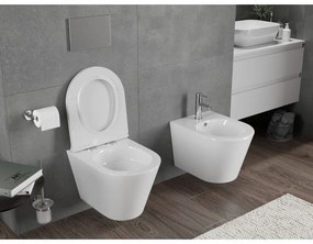 Mexen Rico, závěsná WC mísa 490x360x370 mm, Rimless Tornádo + WC sedátko z duroplastu, bílá lesklá, 30720500T