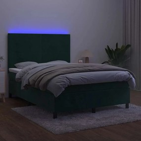 Box spring postel s matrací a LED tmavě zelená 140x200 cm samet 3136008