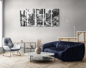 5-dílný obraz abstraktní panoráma města v černobílém provedení - 200x100 cm